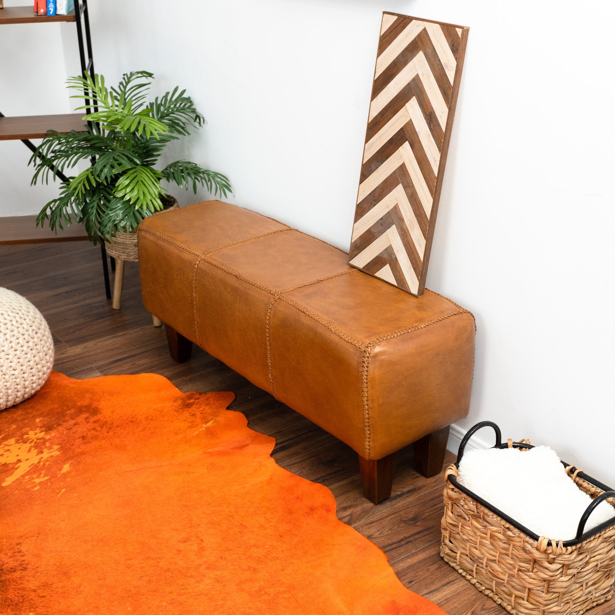 Moicor Tan Leather Modern Living Room Bench | MidinMod