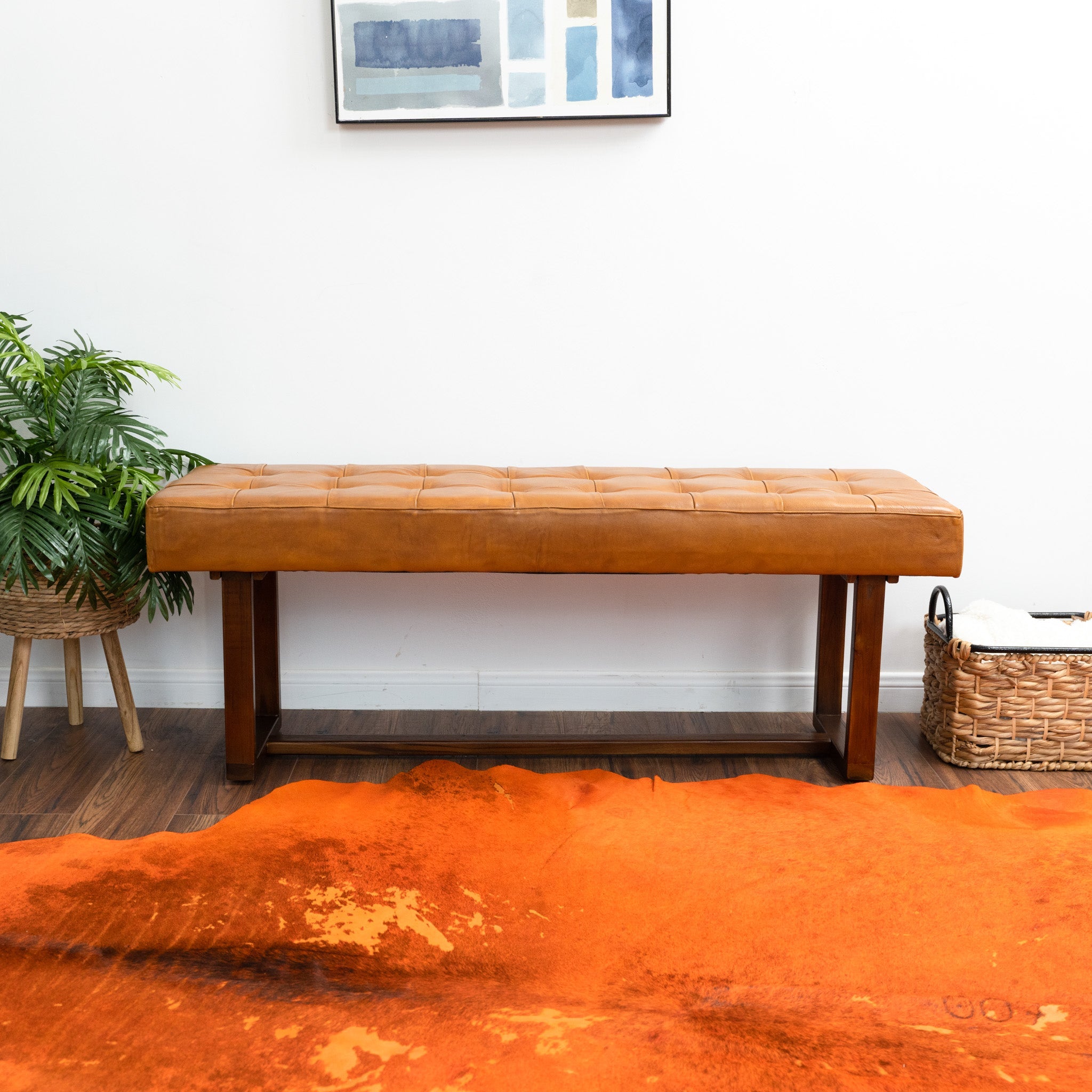 Sumba Modern Genuine Tan Leather Bench | MidinMod | Houston TX