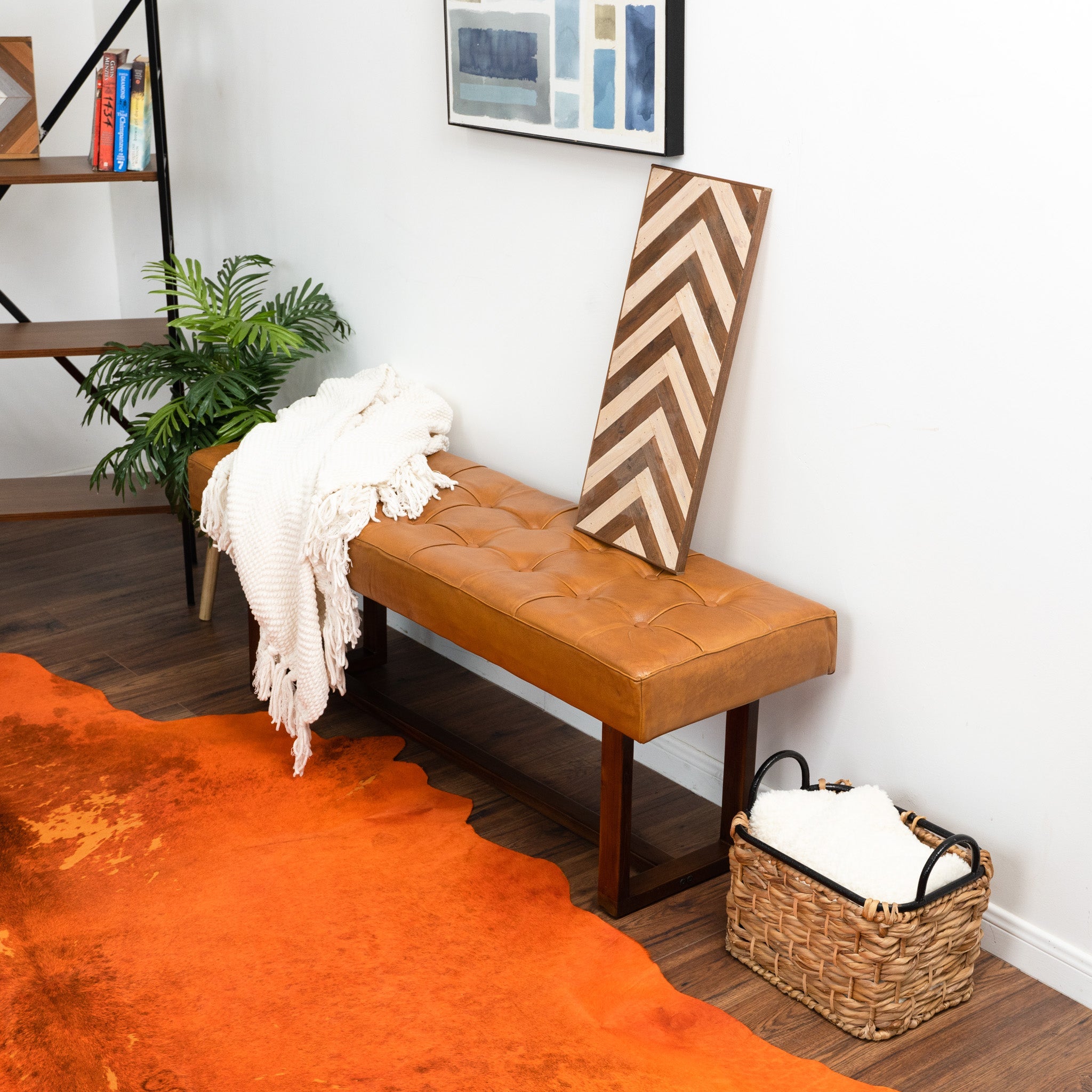 Sumba Modern Genuine Tan Leather Bench | MidinMod | Houston TX