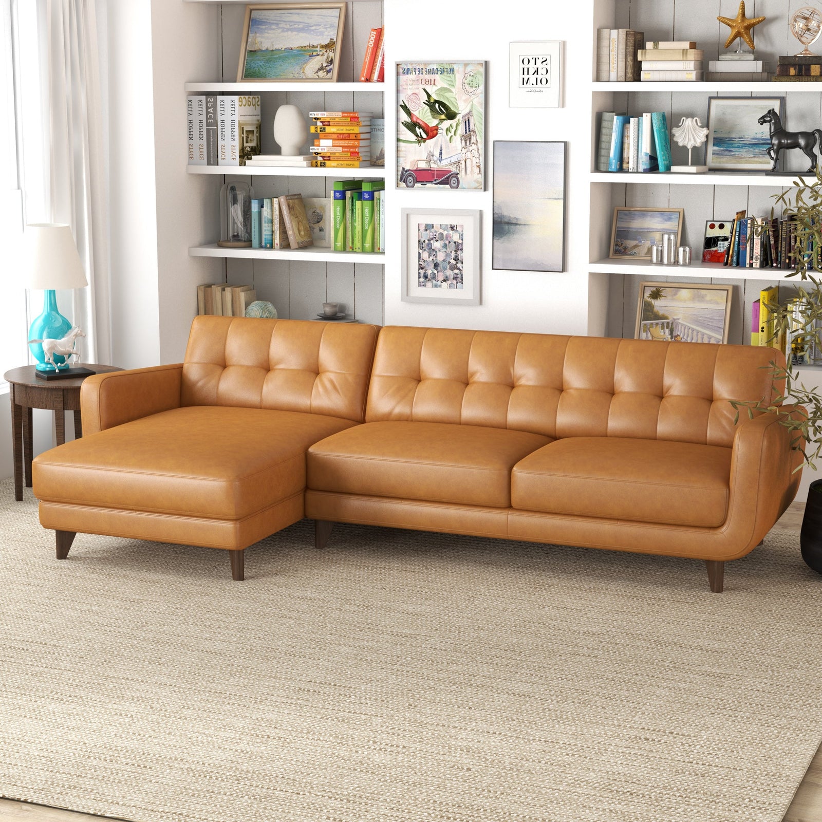 Cassie Sectional Sofa - Tan Leather Left Facing