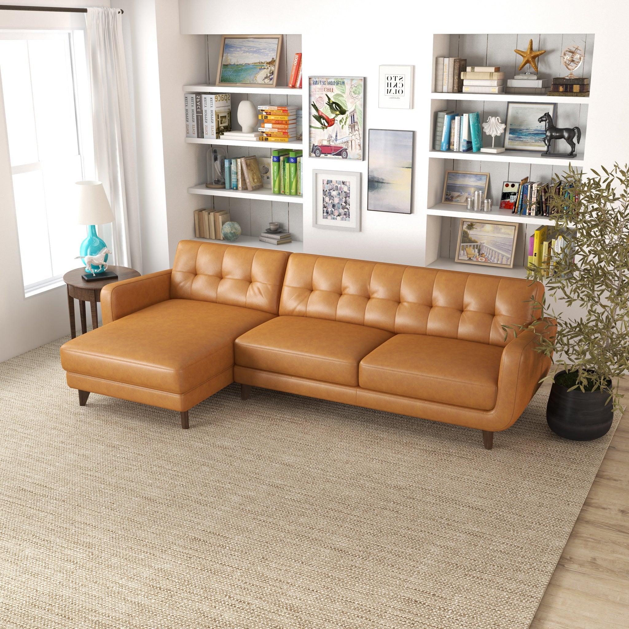 Cassie Sectional Sofa - Tan Leather Left Facing | MidinMod | TX