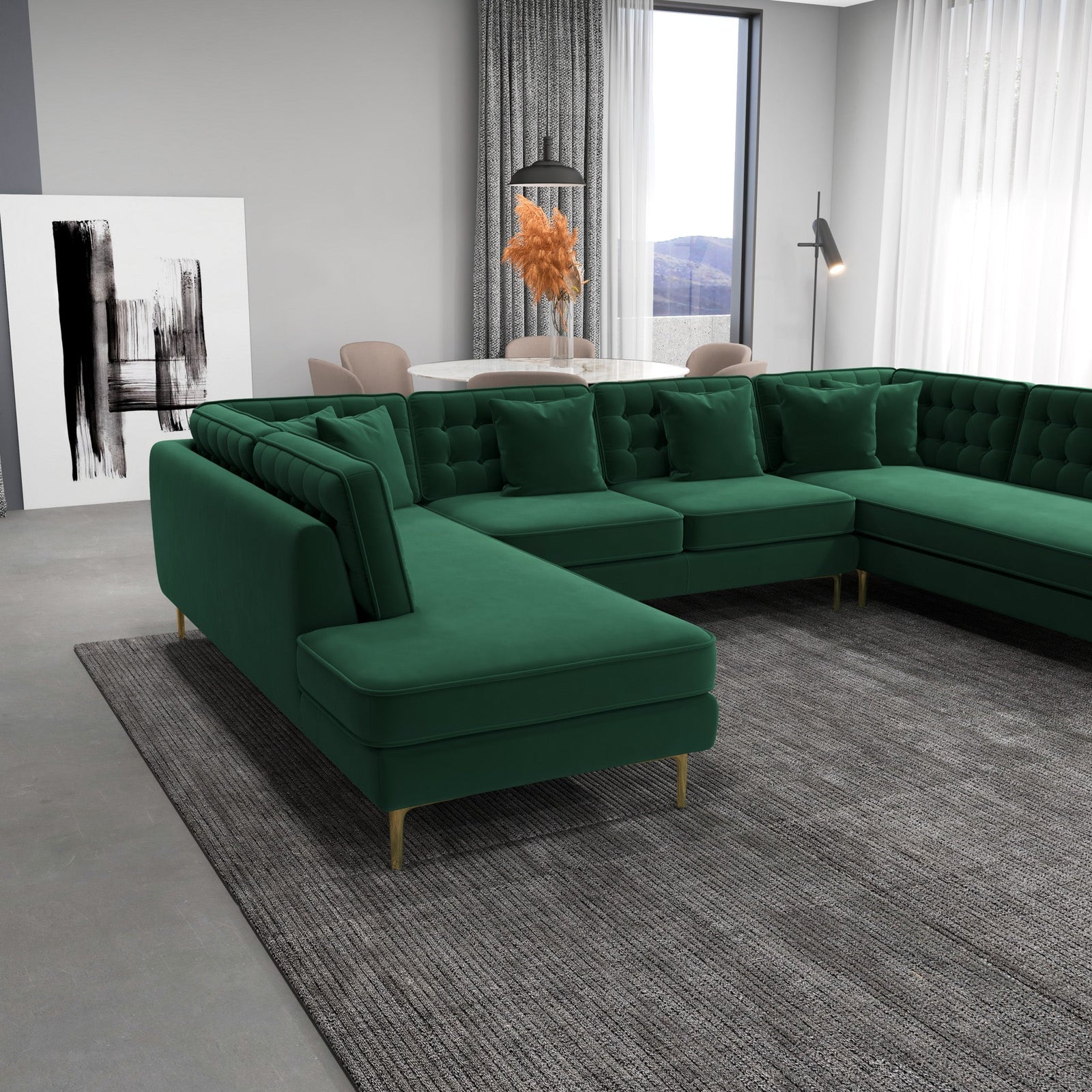 Caleb Corner Sofa - Dark Green Velvet U Shape