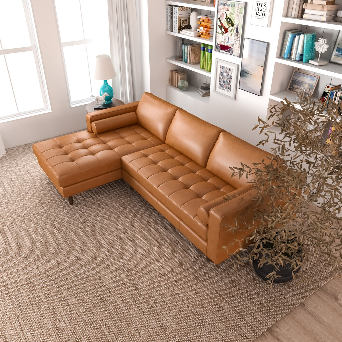 Daphne Leather L Shape Corner Couch - Tan Left Chaise | MidinMod