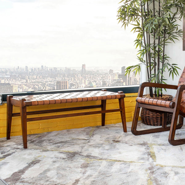 Salazar Modern Rectangular Genuine Tan Leather Bench | MidinMod